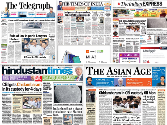 Newspaper Headlines: P Chidambaram In CBI Custody Till Monday; Hearing ... Newspaper Headlines: P Chidambaram In CBI Custody Till Monday; Hearing ...